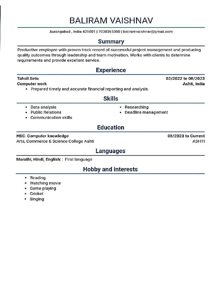 Resume Baliram Vaishnav | PDF