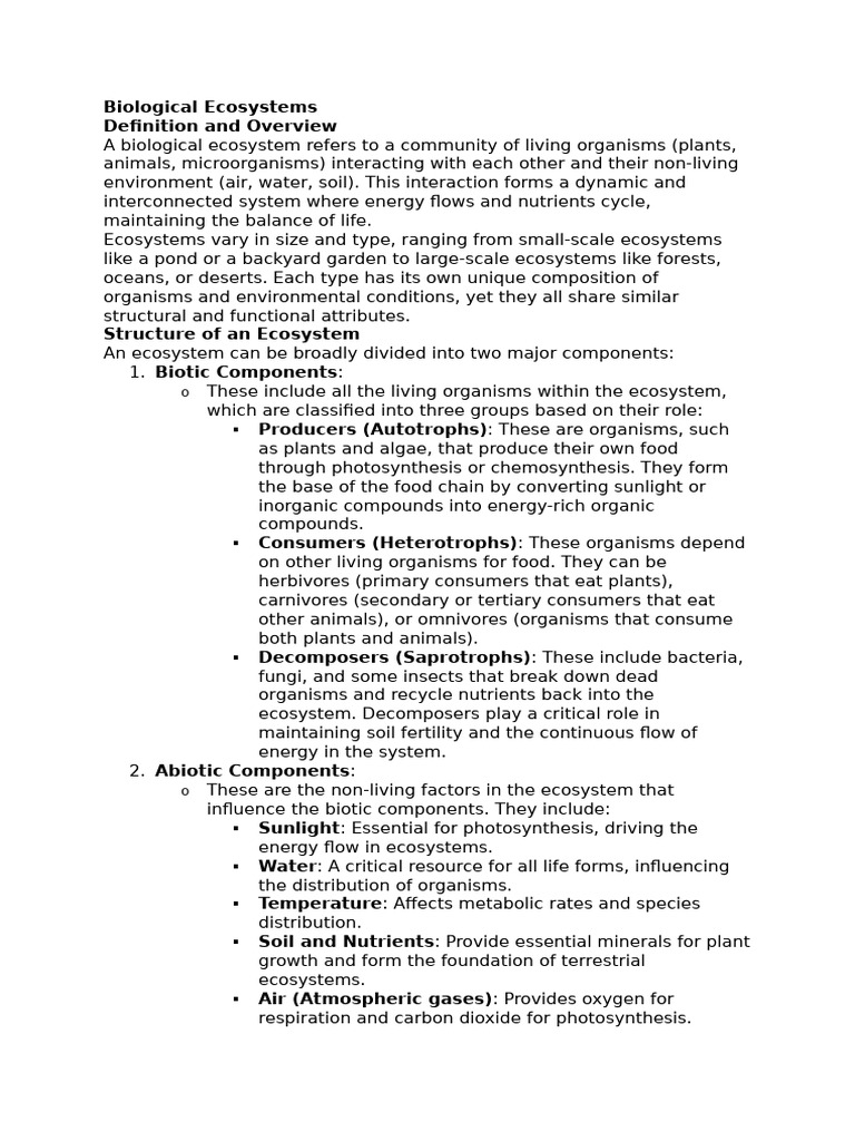 Biological Ecosystems Notes | PDF | Ecosystem | Conservation Biology