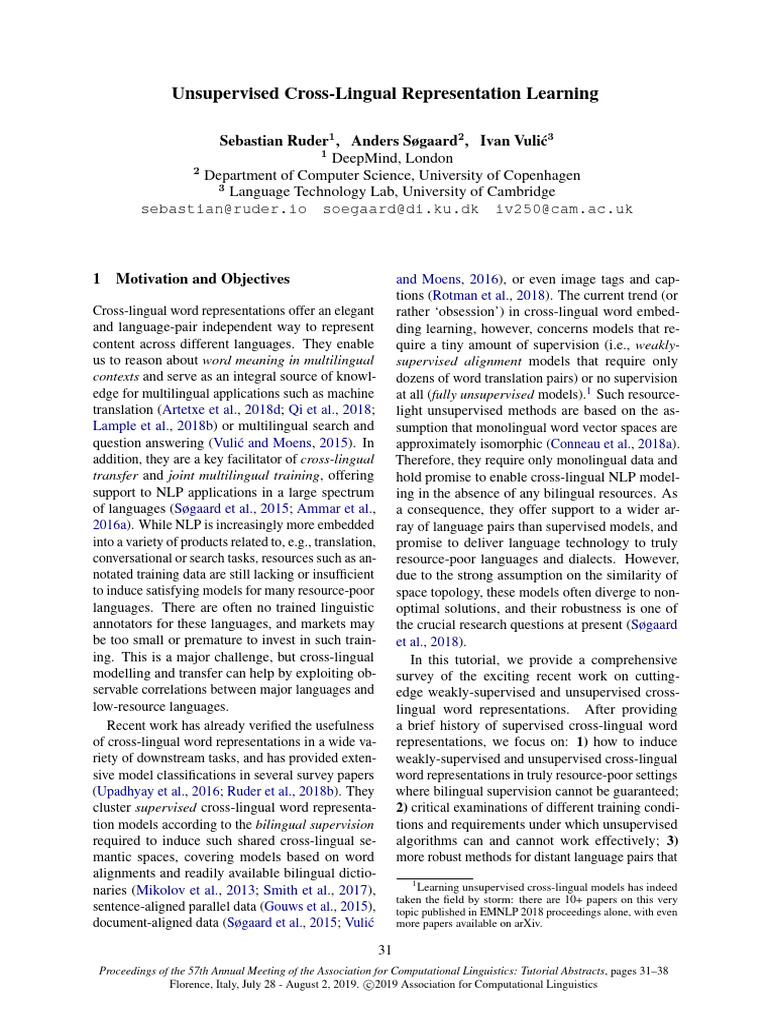 Unsupervised Cross-Lingual Representation Learning: Sebastian Ruder, Anders Søgaard, Ivan Vuli C ...