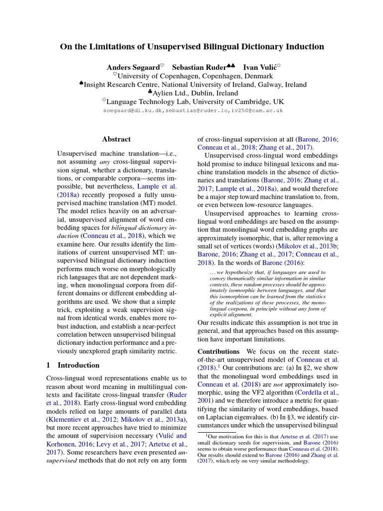 On The Limitations of Unsupervised Bilingual Dictionary Induction | PDF