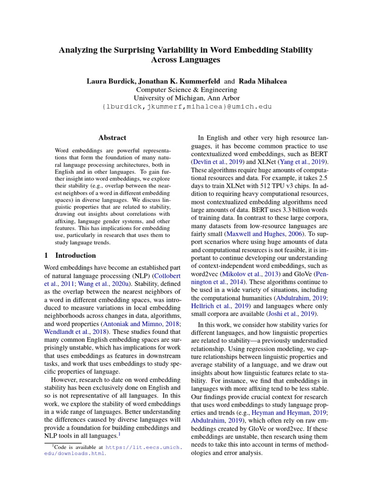 Analyzing The Surprising Variability in Word Embedding Stability Across Languages | PDF