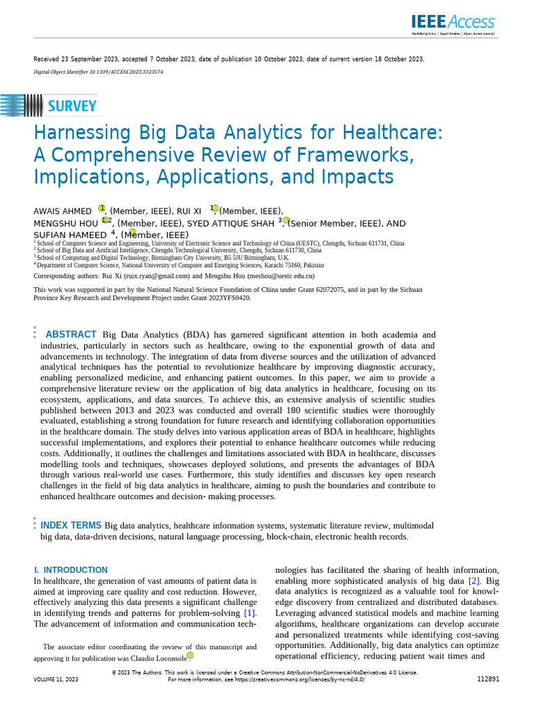 Harnessing Big Data Analytics For Healthcare A | PDF