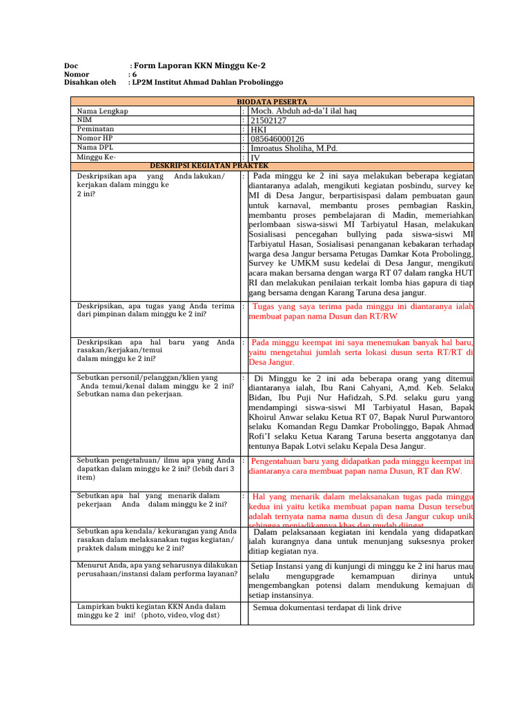 form laporan minggu ke 4. | PDF