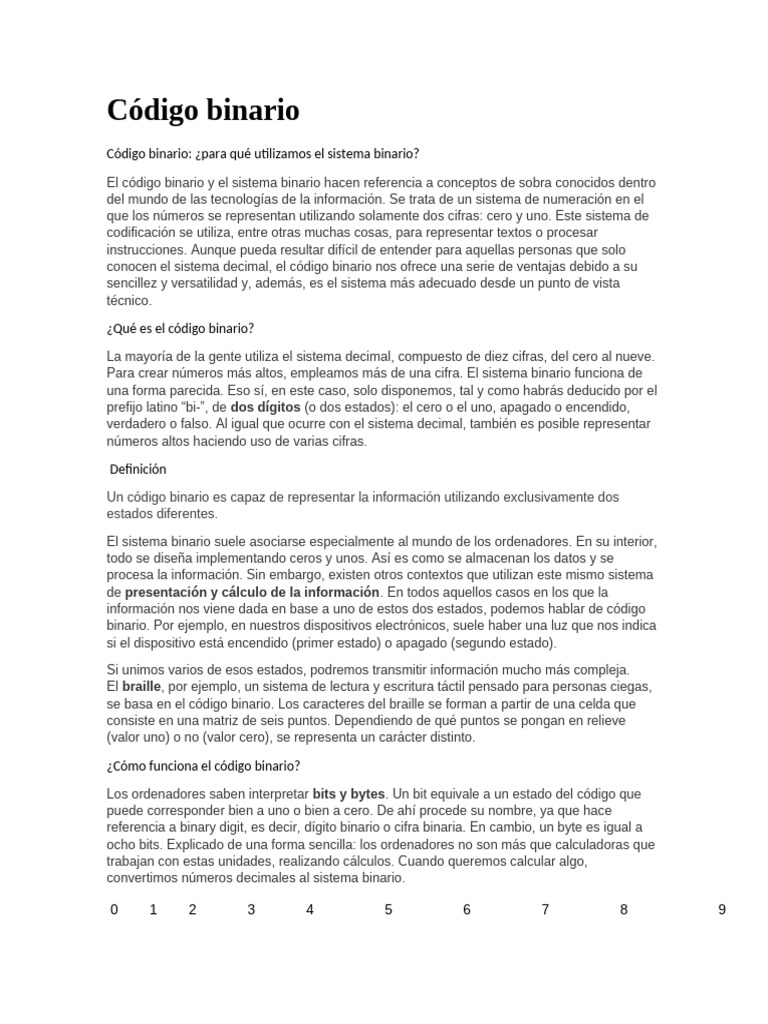 Uso y Funcionamiento del Código Binario | PDF | Poco | Decimal