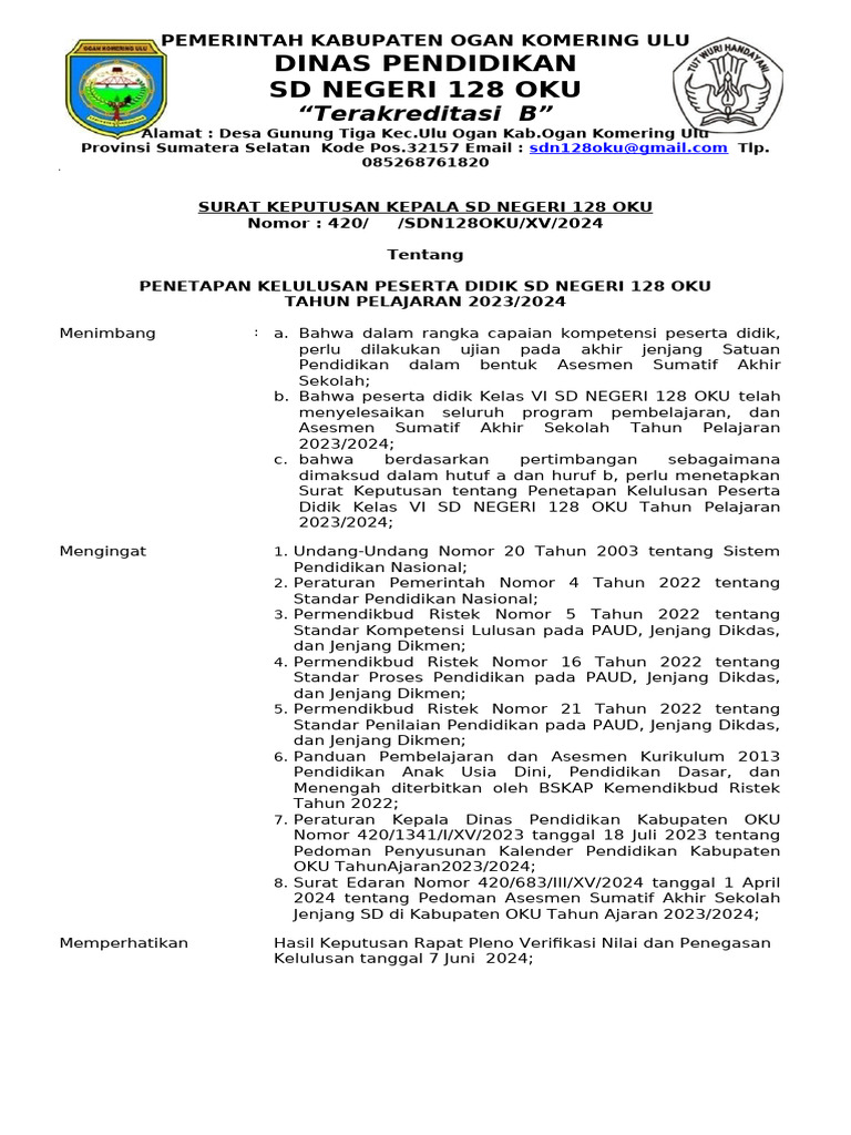 Surat Keputusan Kepala Sekolah Tentang Kelulusan Peserta Didik Tahun 2024 | PDF