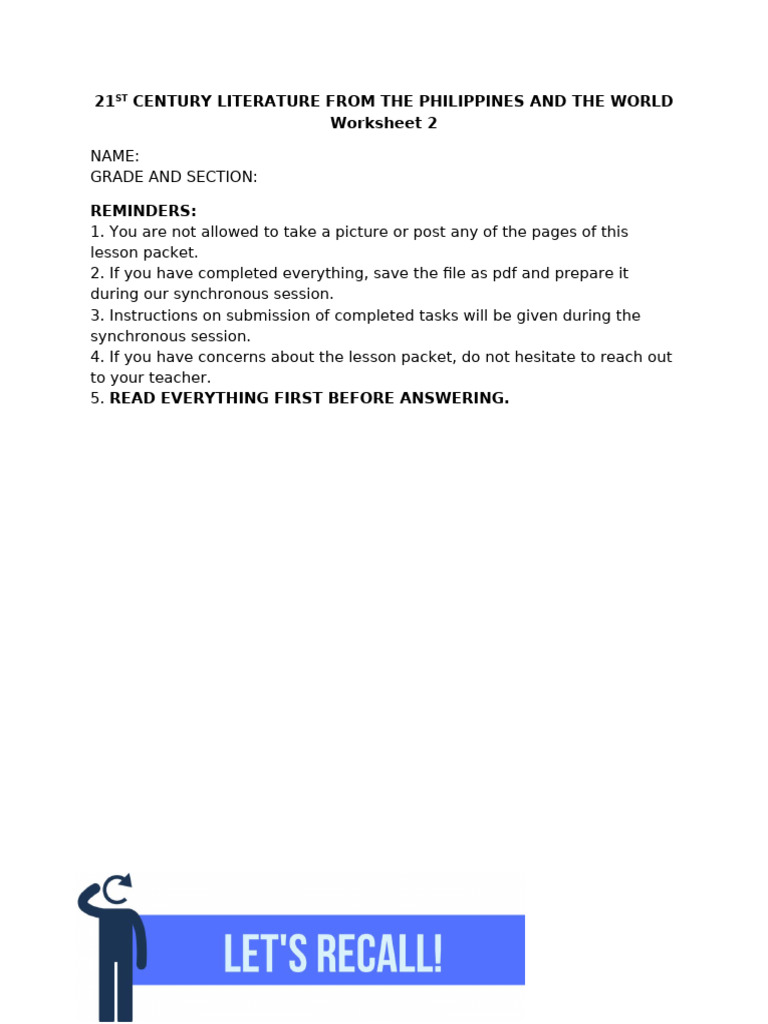 21st Lit Worksheet 2 | PDF