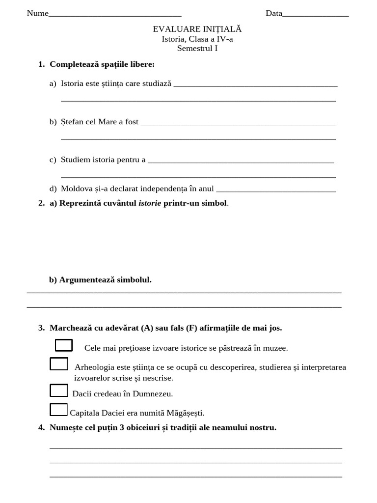 ISTORIA-Evaluare-initiala CLASA IV | PDF