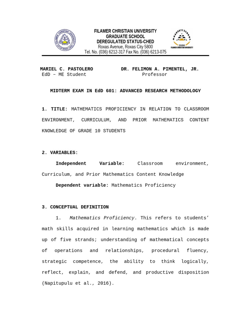 PASTOLERO, MARIEL C. EdD ME - MIDTERM-EXAM-IN-EDUC-601-ADVANCED-RESEARCH-METHODOLOGY | PDF