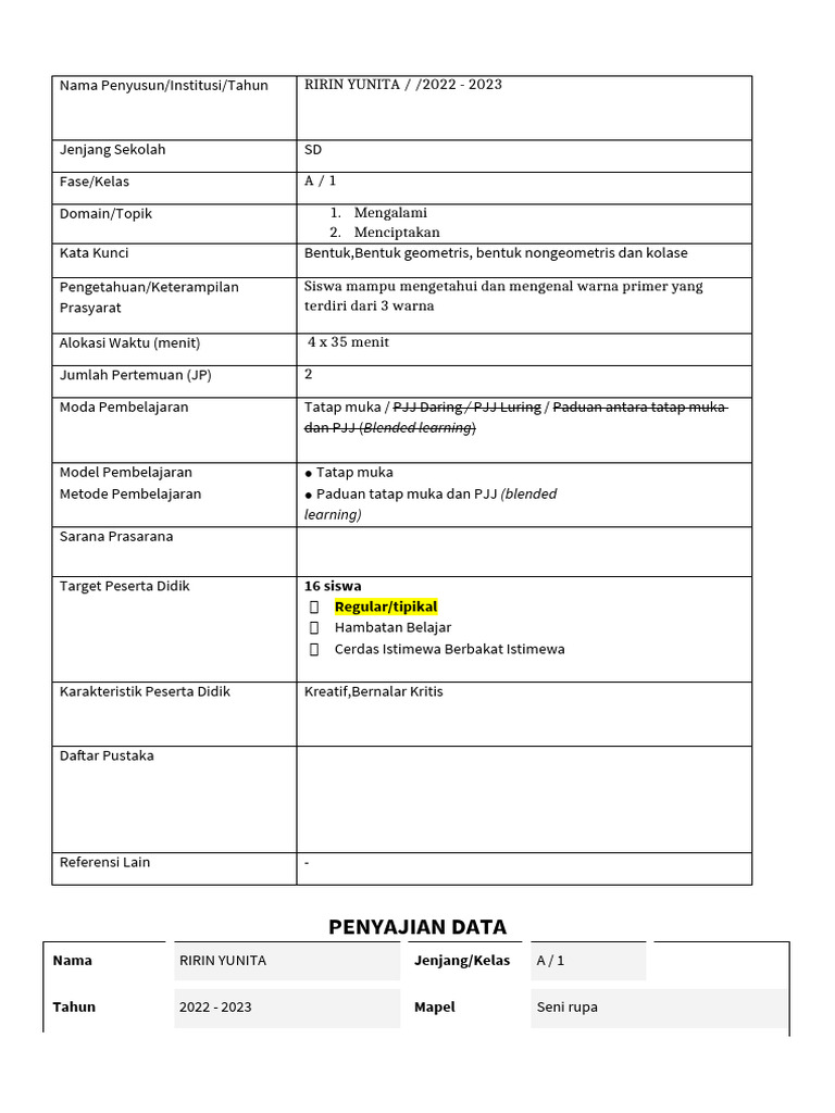 Modul Ajar Seni Rupa Kelas 1 | PDF