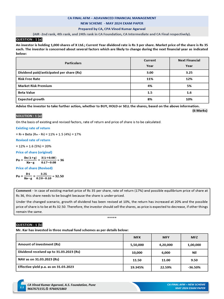 CA Final AFM - MAY 2024 EXAM PAPER With Solution Prepared by CA Vinod Kumar Agarwal | PDF