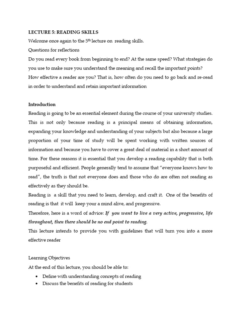 Lecture 5 Reading Skills 2020 | PDF | Reading Comprehension | Semantics