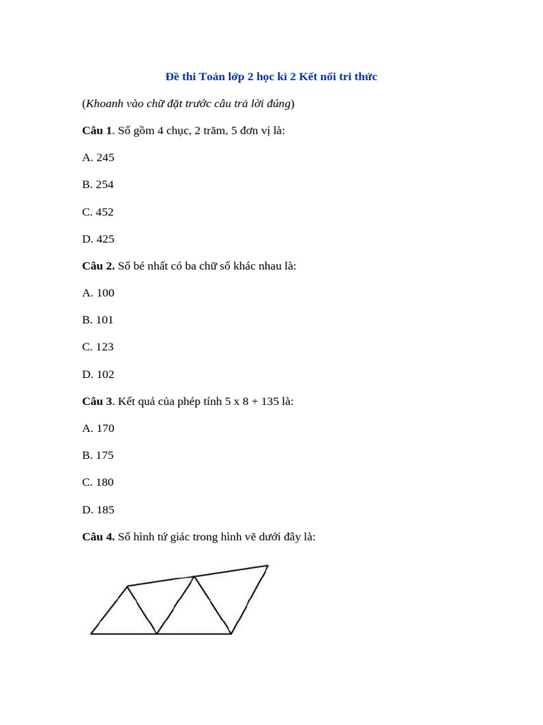 De Thi Toan Lop 2 Hoc Ki 2 Ket Noi Tri Thuc de 3 | PDF
