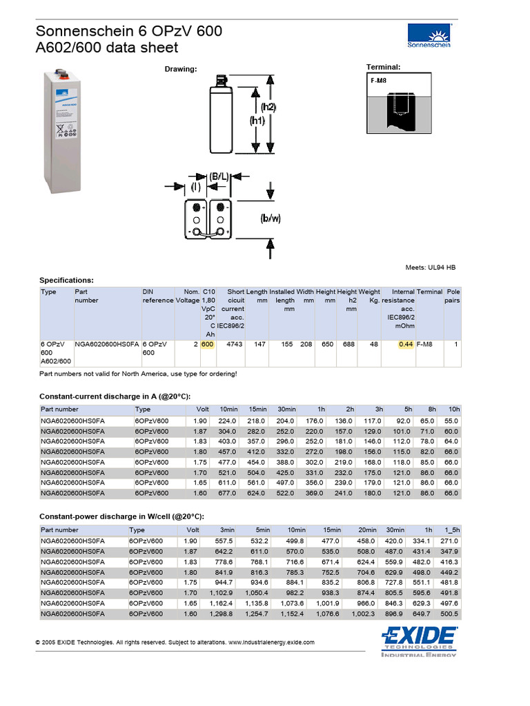 Exide 6 OPzV 600 A602600 data sheet | PDF