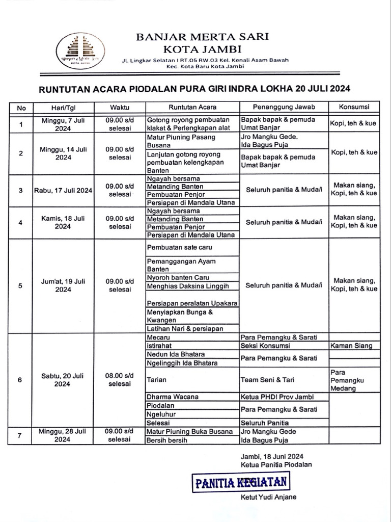 Runtutan Acara Piodalan Pura Giri Indra Lokha 20 Juli 2024 | PDF