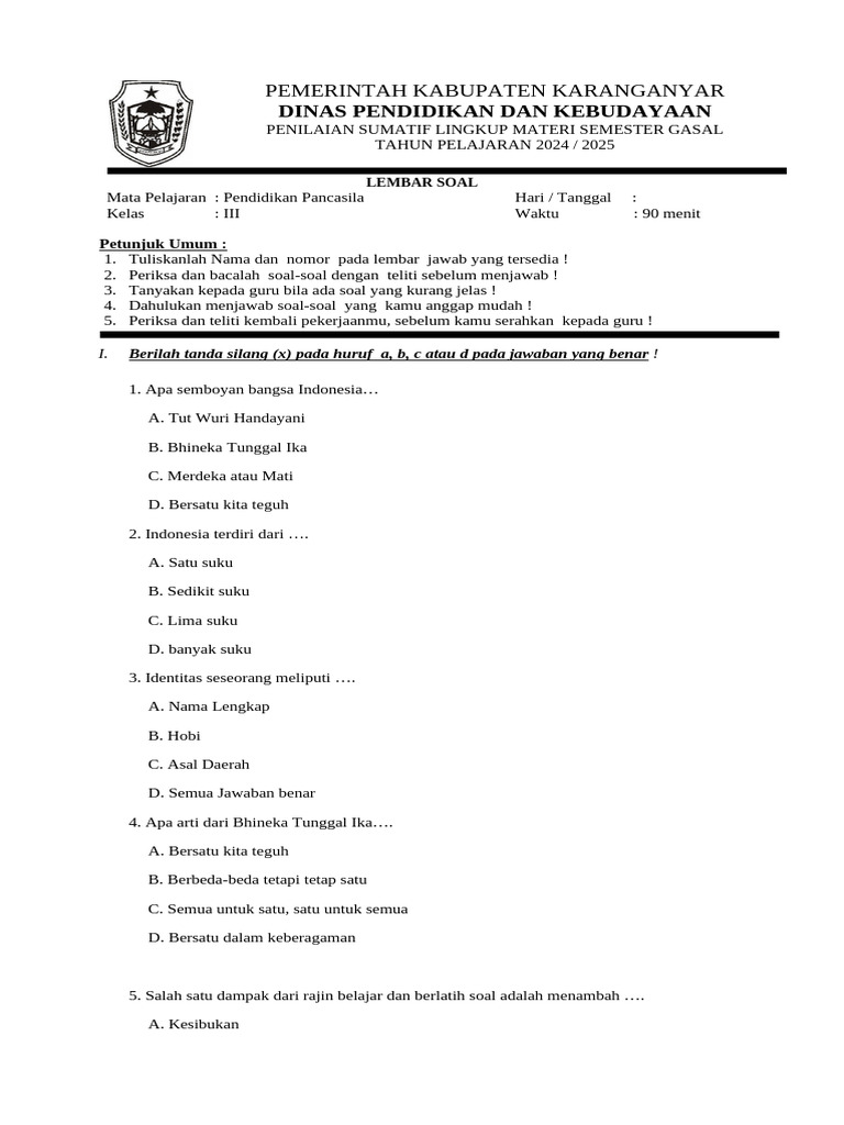 Soal Pend Pancasila KL 3 SMT 1 (1) (AutoRecovered) | PDF