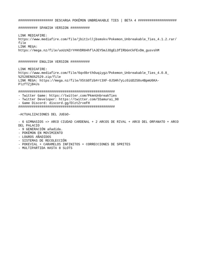 DESCARGA Pokémon Unbreakable Ties - Beta 4 | PDF