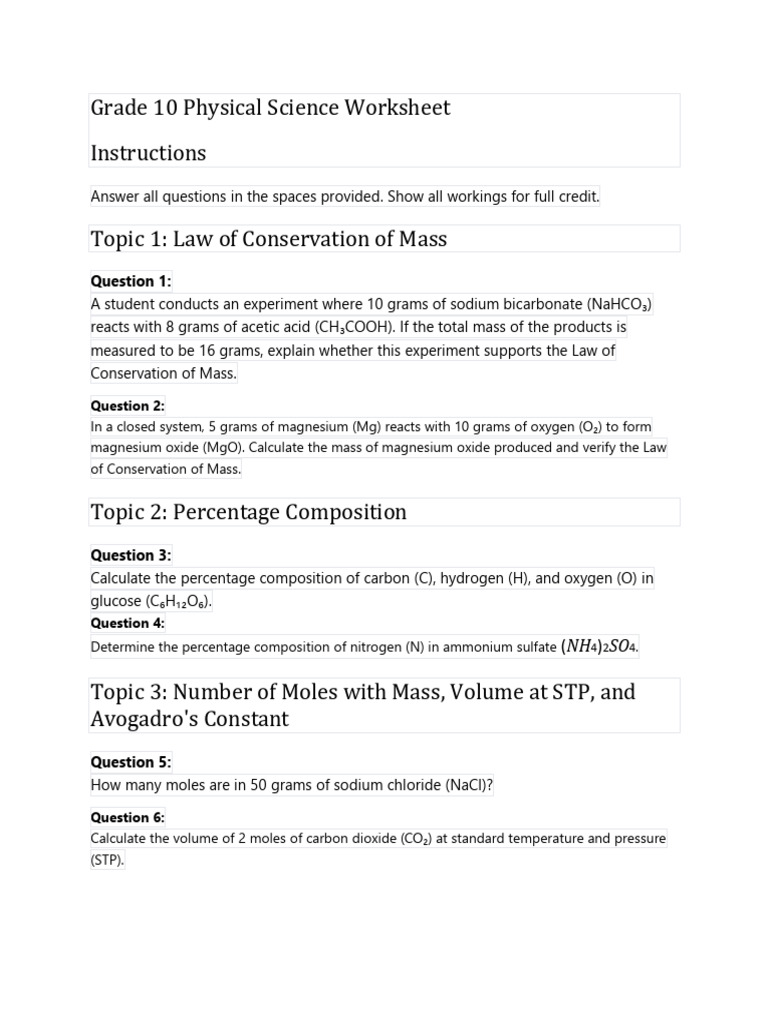 Grade 10 Physical Science Worksheet | PDF