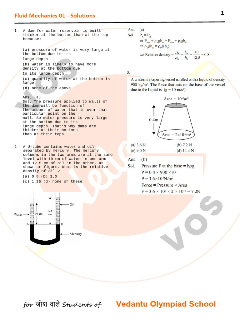 Fluid Mechanics - 01 - Solutions | PDF