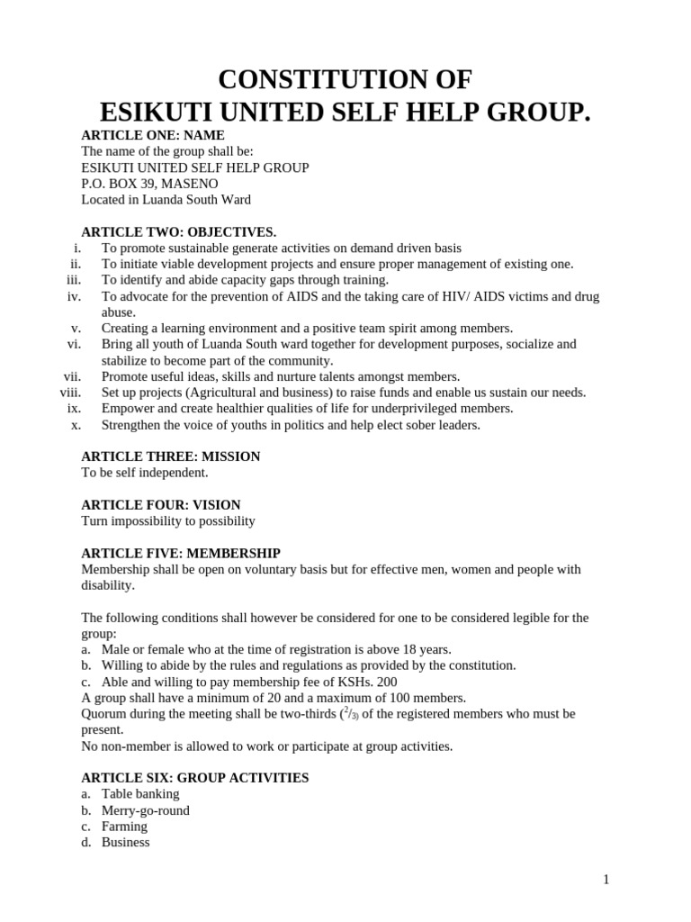 Constitution of Esikuti United Self Help Group | PDF