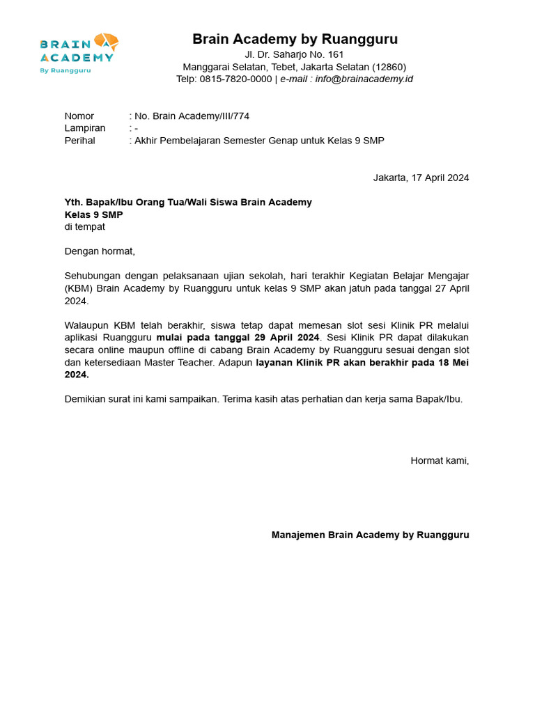 Surat Edaran Akhir KBM Kelas 9 SMP - Perpanjangan Masa Klinik PR | PDF