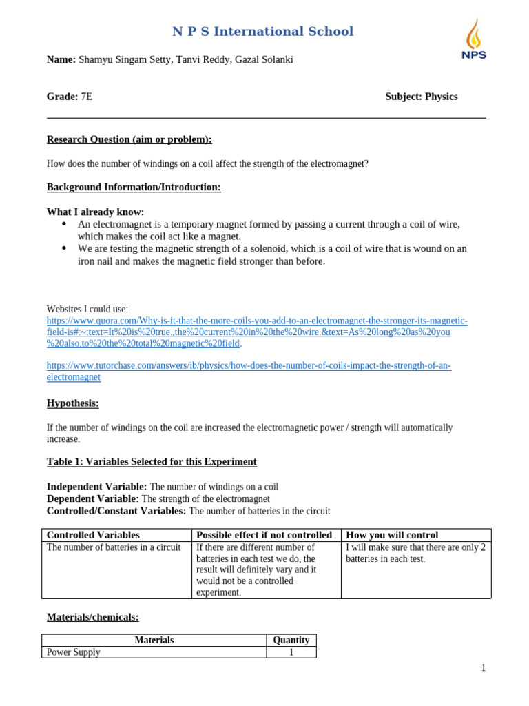 Middle School Science Investigation Template Physics | PDF