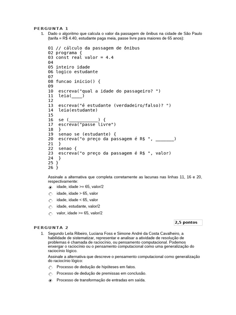Algoritmos e Pensamento Computacional: Questões e Respostas | PDF | Algoritmos | Raciocínio dedutivo