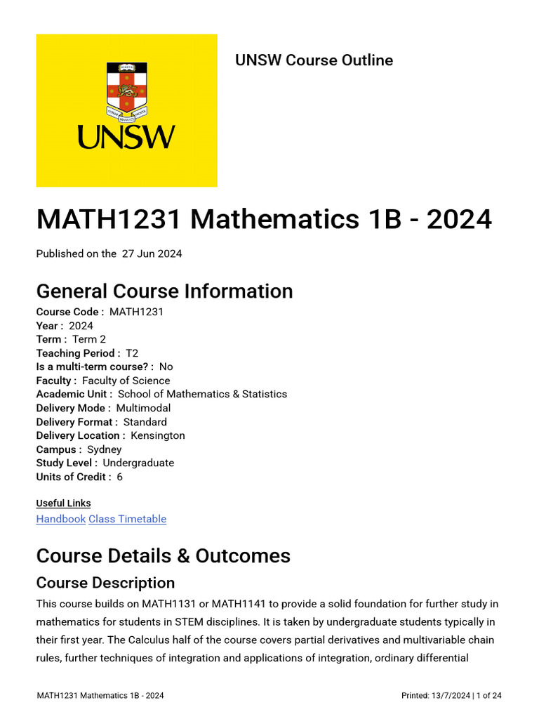 Math1231 Course Outline Pdf