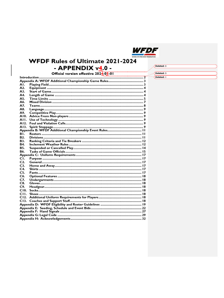 WFDF Rules of Ultimate 2021 2024 Appendix v4 Track Changes | PDF ...
