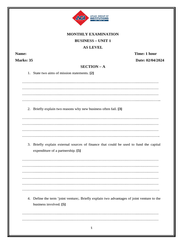 MONTHLY EXAMINATION - Business | PDF | Business | Business