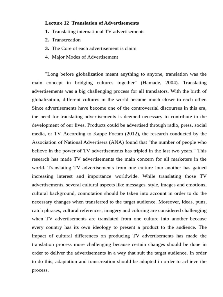 Lecture 12 Translation of Advertisements | PDF