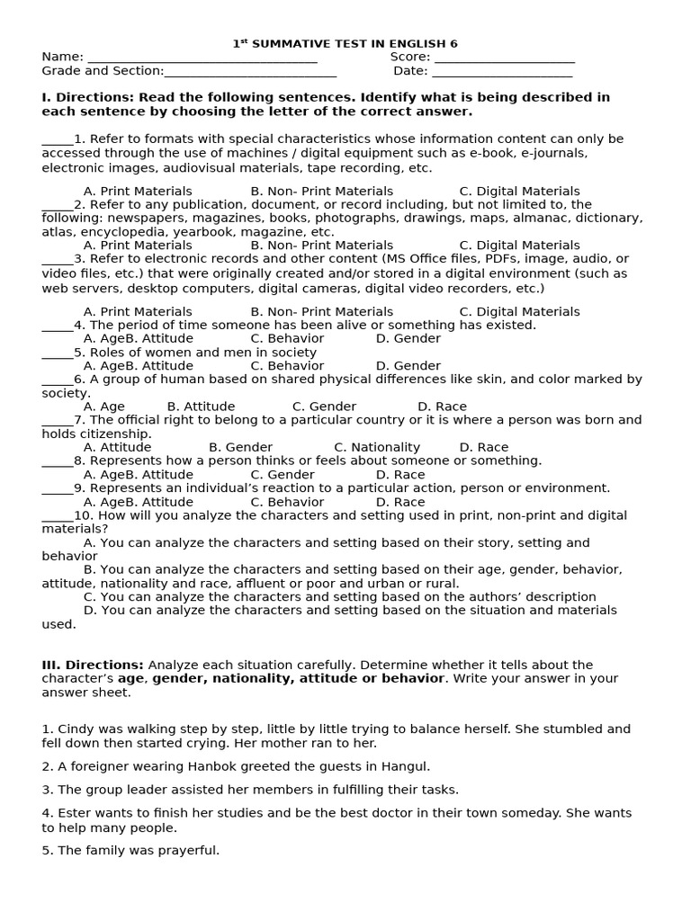 1st SUMMATIVE TEST IN ENGLISH 6 | PDF | Computing | Career & Growth