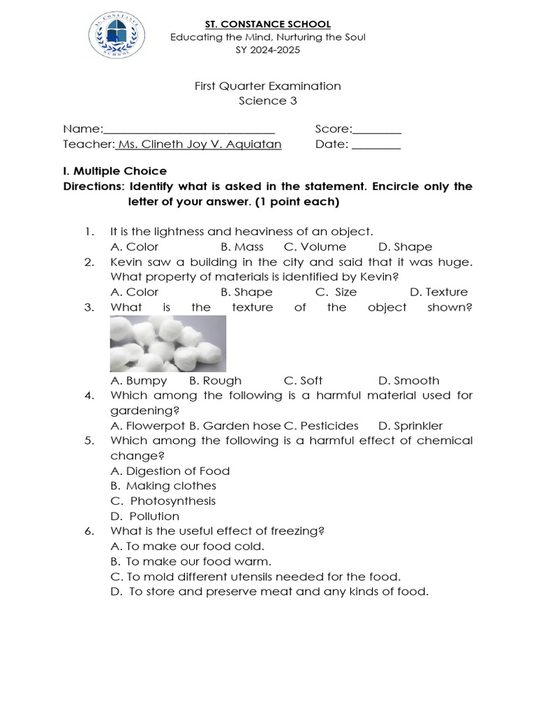 Science 3 First Quarter Exam | PDF | Phase (Matter) | Science & Mathematics