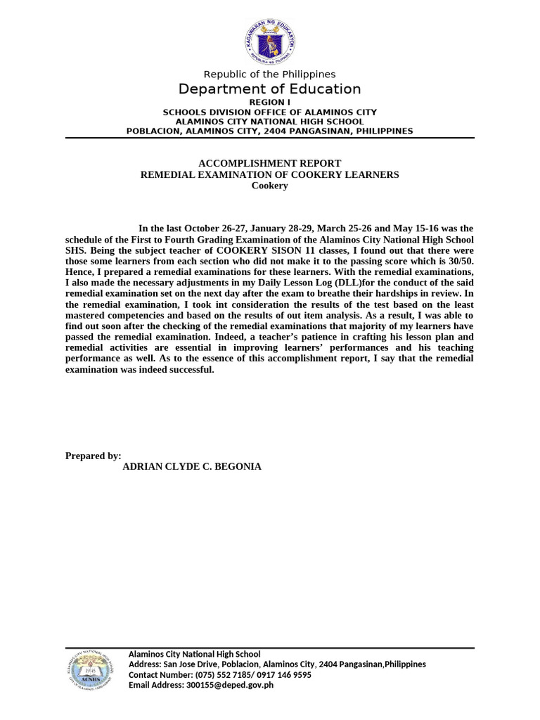 Remedial Exam Accomplishment Report | PDF
