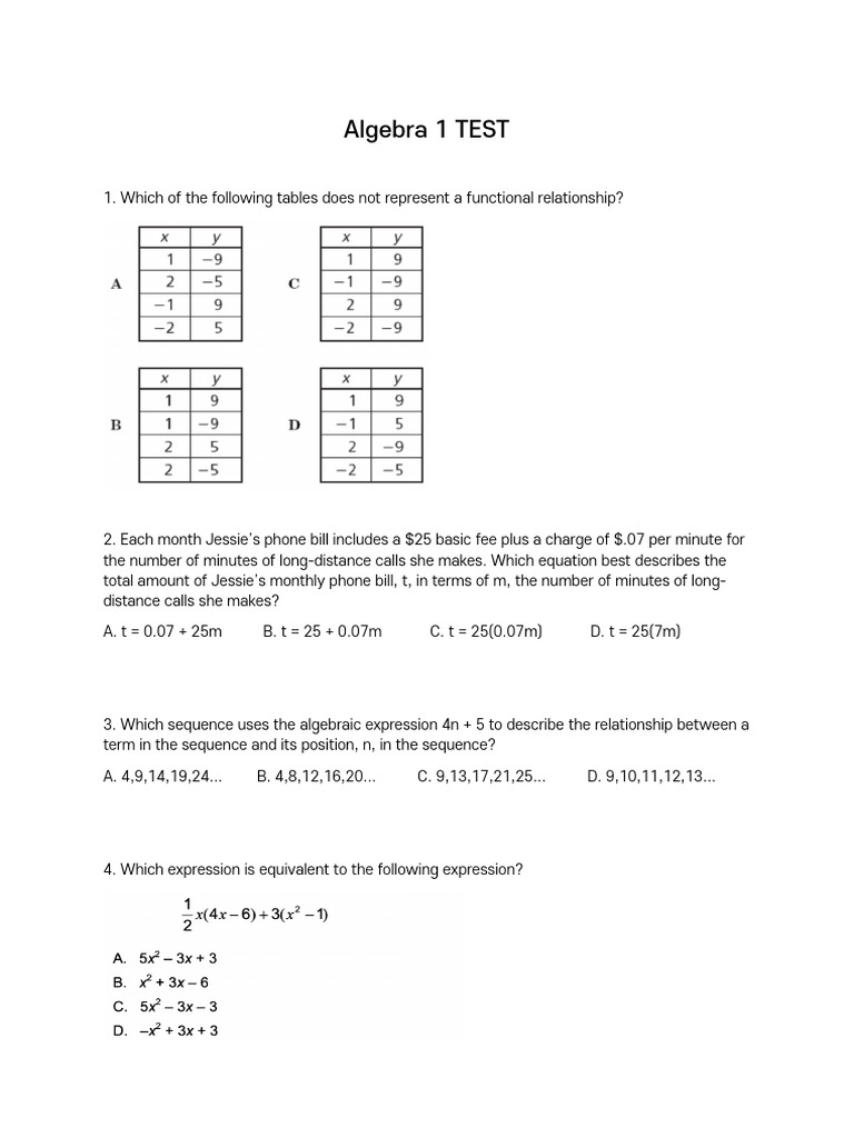 Algebra 1 Test | PDF
