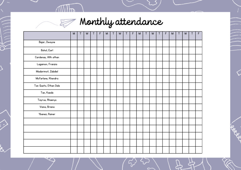 Purple and White Doodle Monthly Attendance Class List | PDF | Home & Garden