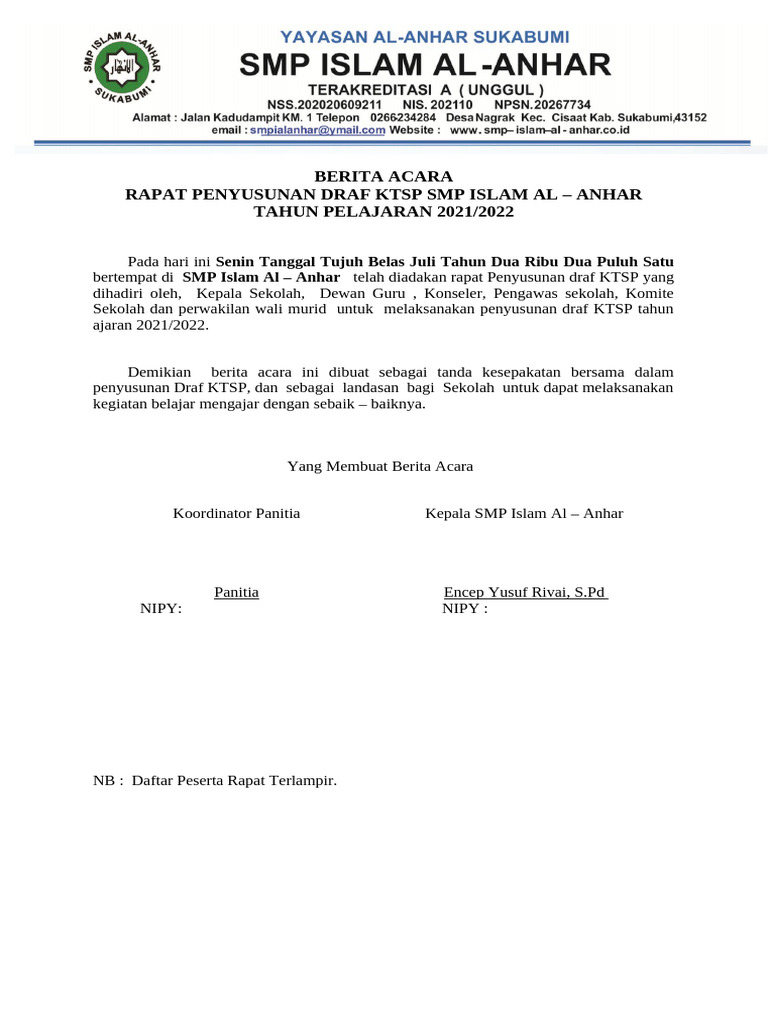 Berita Acara Rapat Penyusunan KTSP | PDF