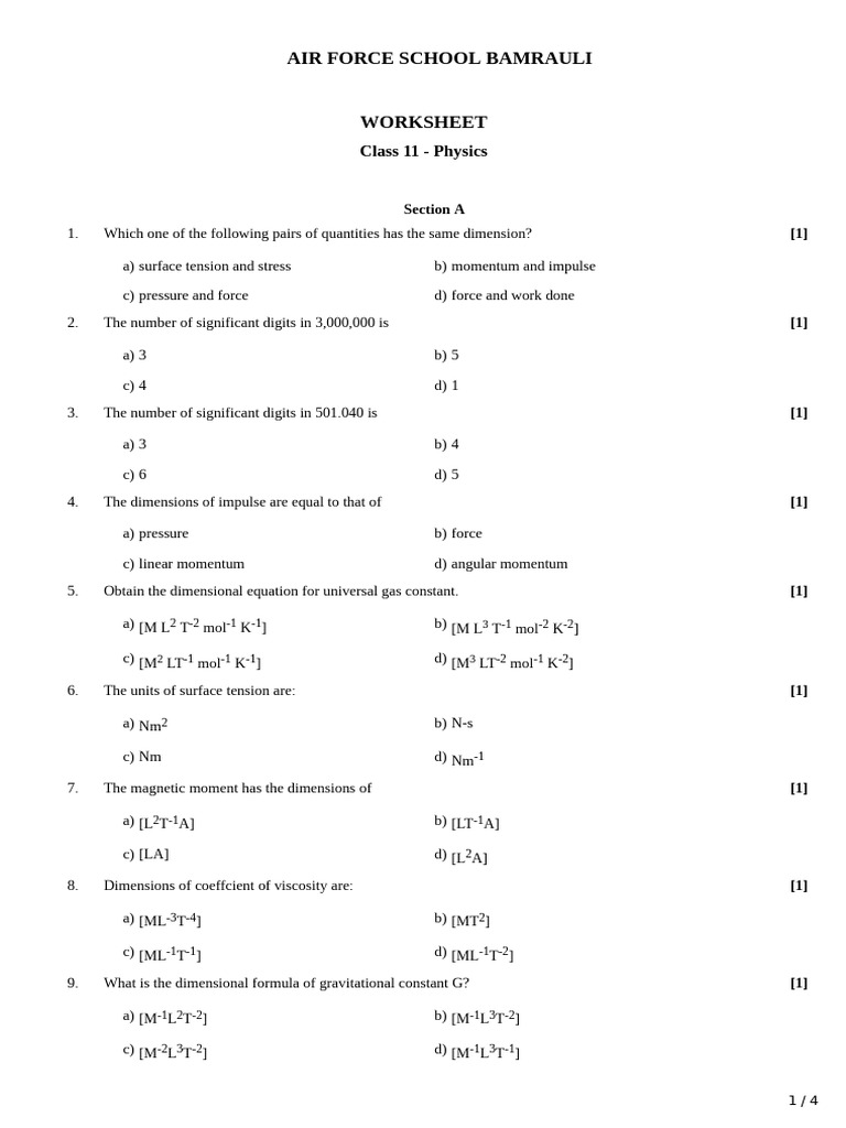 Class 11 Physics Worksheet on Dimensions | PDF | Momentum | Physics