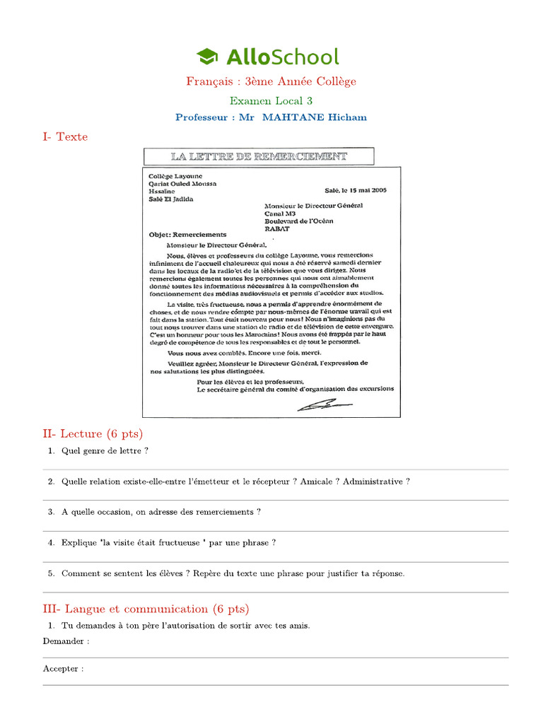 Francais 3ac Examen Local 3 2 | PDF