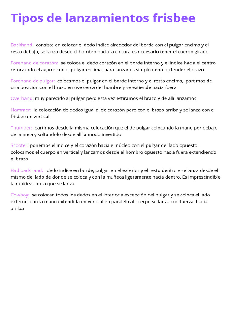 Tipos de Lanzamientos Frisbee | PDF | Relaciones personales, crianza y desarrollo personal