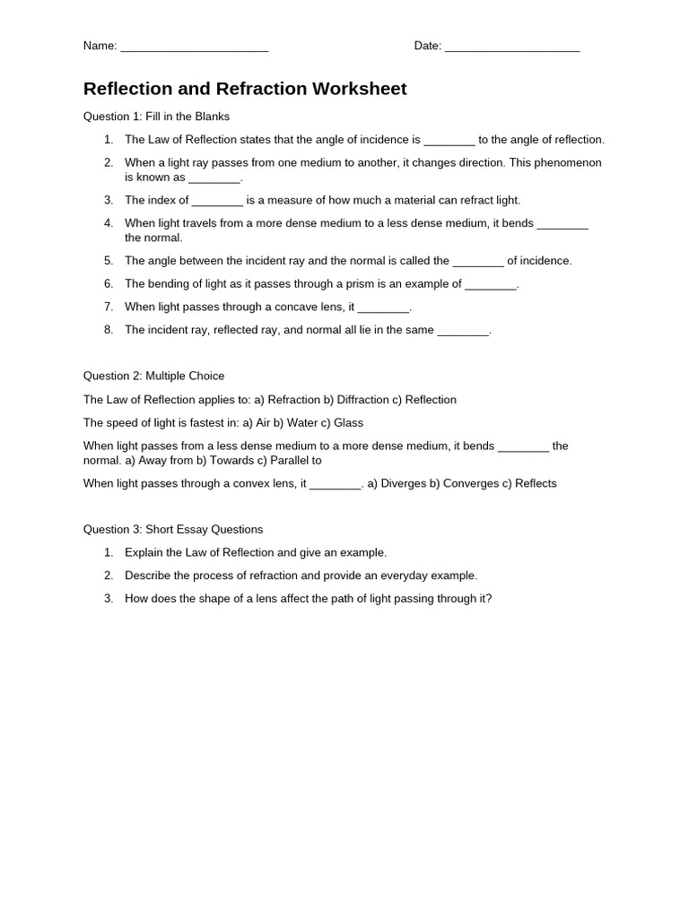Physics Light Principles Worksheet | PDF | Refraction | Science ...