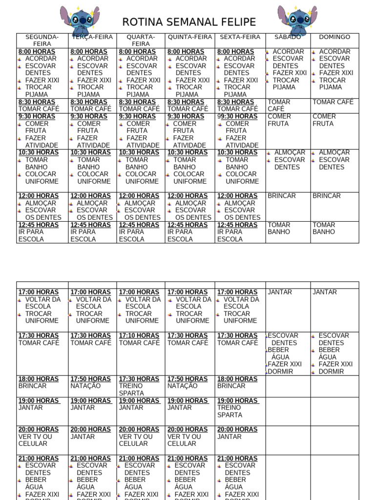 Rotina Semanal Felipe | PDF