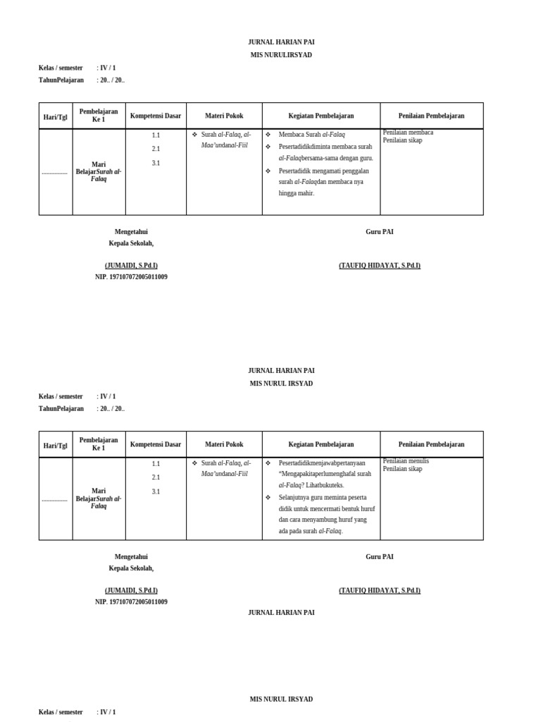 Jurnal Harian Guru Pai Kelas Iv Semester 1 | PDF | Quran | Islam