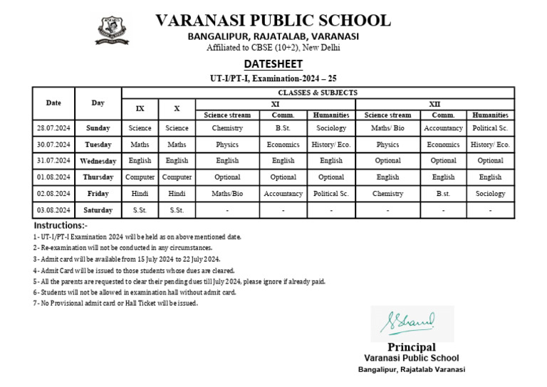 Time Table Date Sheet 2024-25 Class-IX To XII | PDF