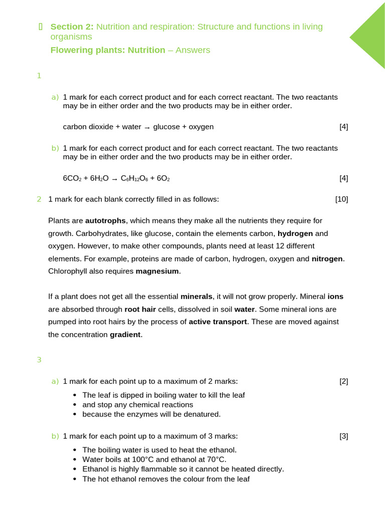 Worksheet Answers - Flowering Plants - Nutrition | PDF