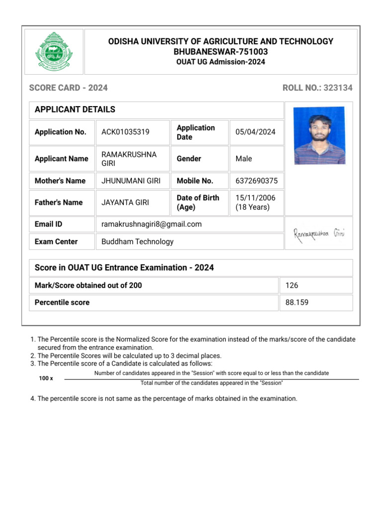 OUAT UG Common Entrance Examination-2022 Marks | PDF