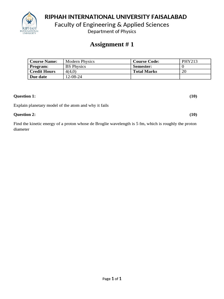 Assign 1 Modern Physics Summer 2024 | PDF