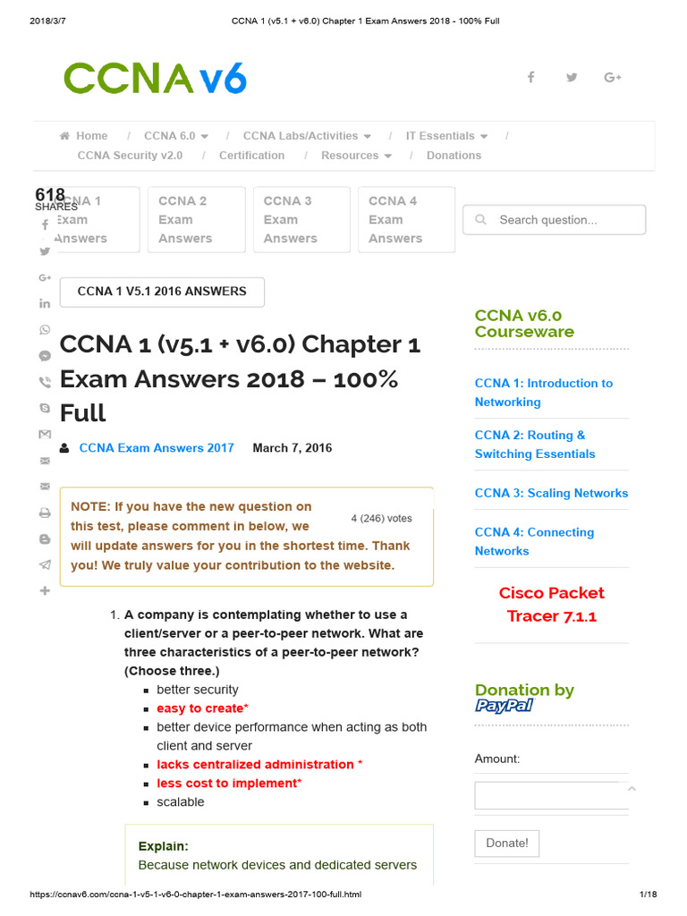 CCNA 1 (v5.1 + v6.0) Chapter 1 Exam Answers 2018 - 100 - Full | PDF | Computer Network | Cisco ...