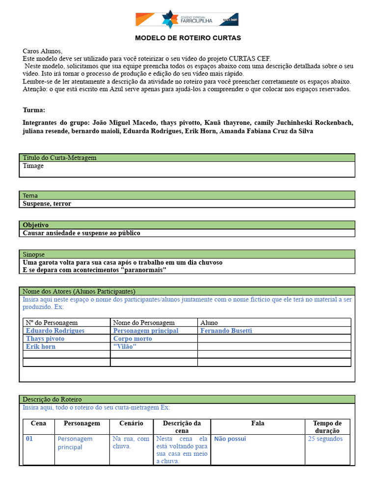 Modelo de Roteiro Curtas | PDF