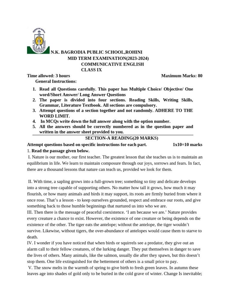 English Mid Term 2023-24 | PDF | Noise | Multiple Choice