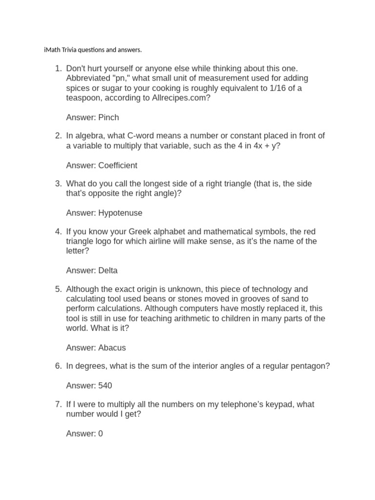 Math Trivia Questions and Answers | PDF